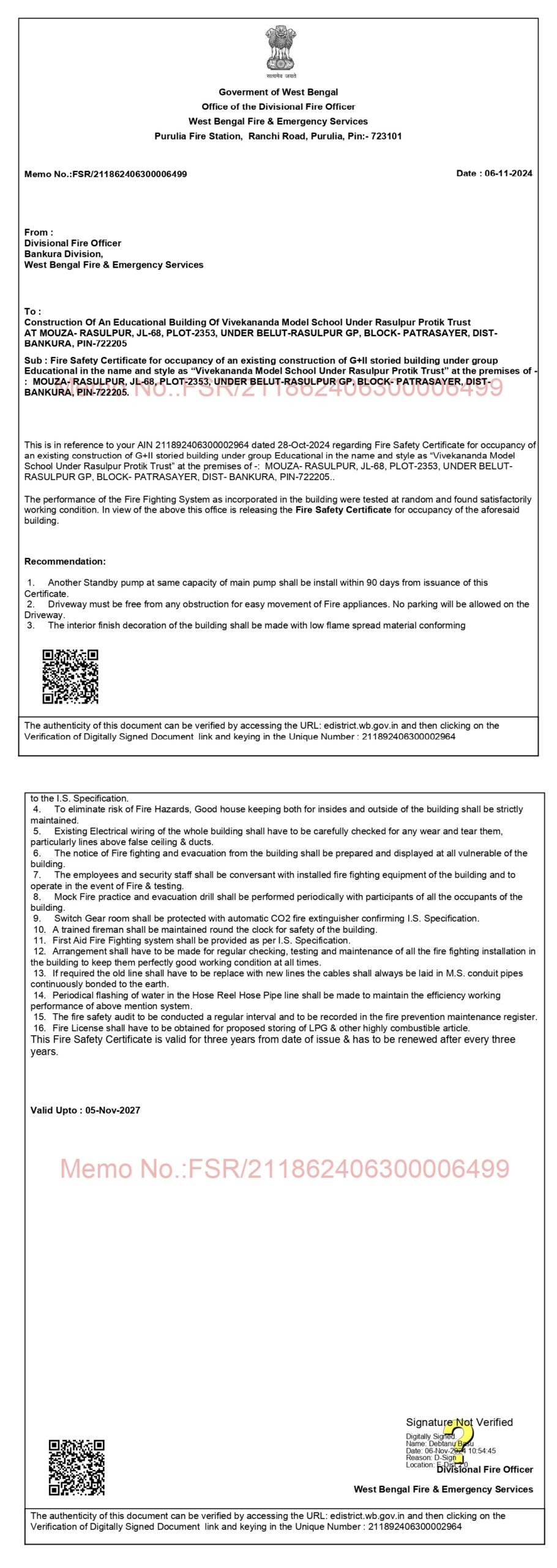 Fire Certificate Vivekananda Model School